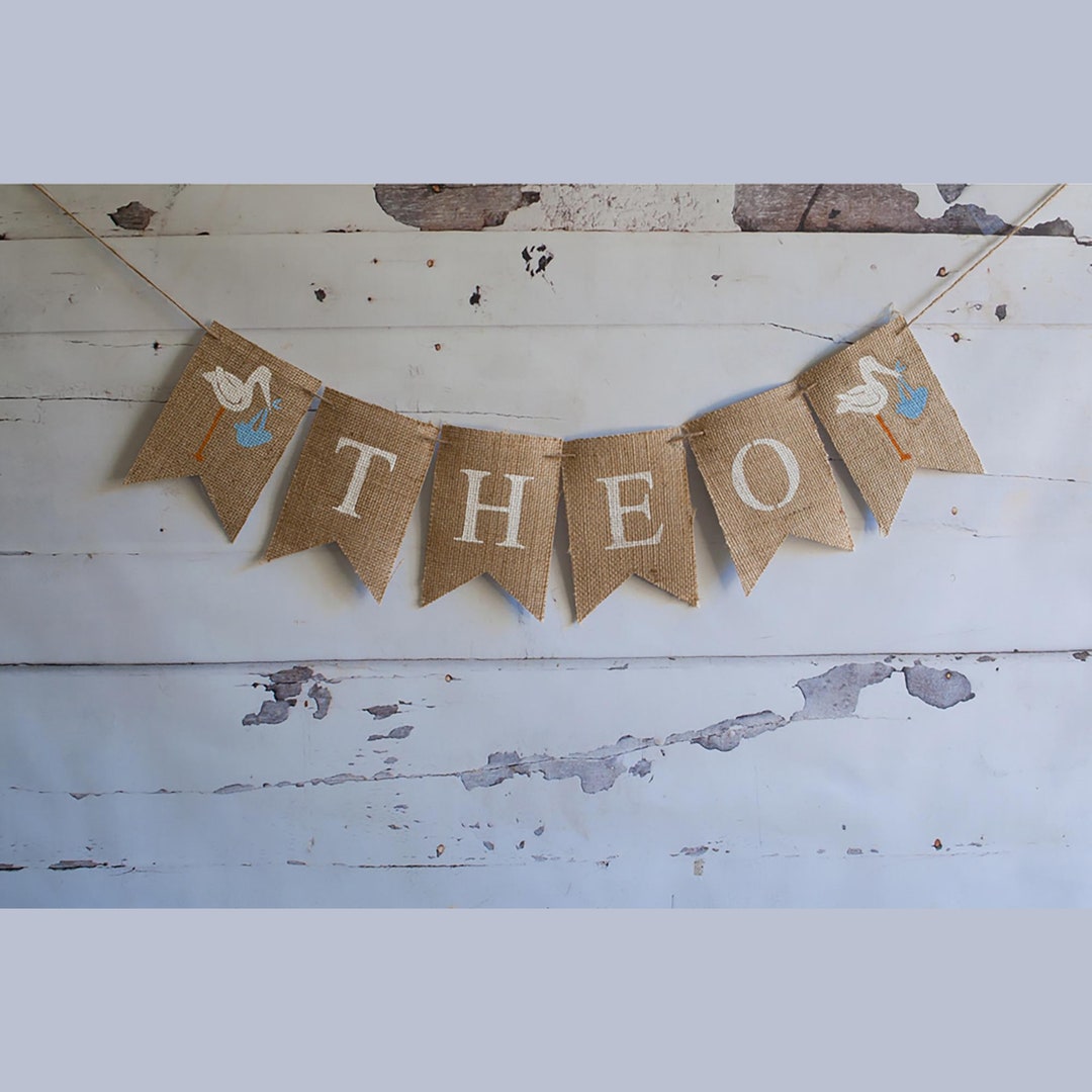 Nursery Decor, Stork Baby Shower Banner, Burlap Personalized Stork ...