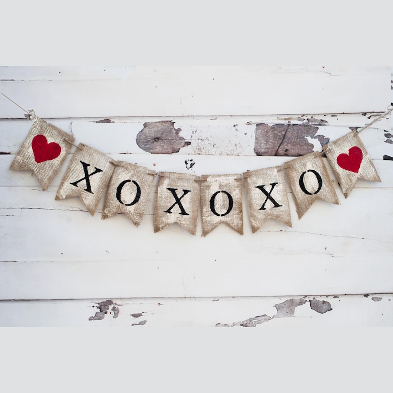 Valentine's Day Decor, XOXOXO Banner With Red Hearts, Vintage ...