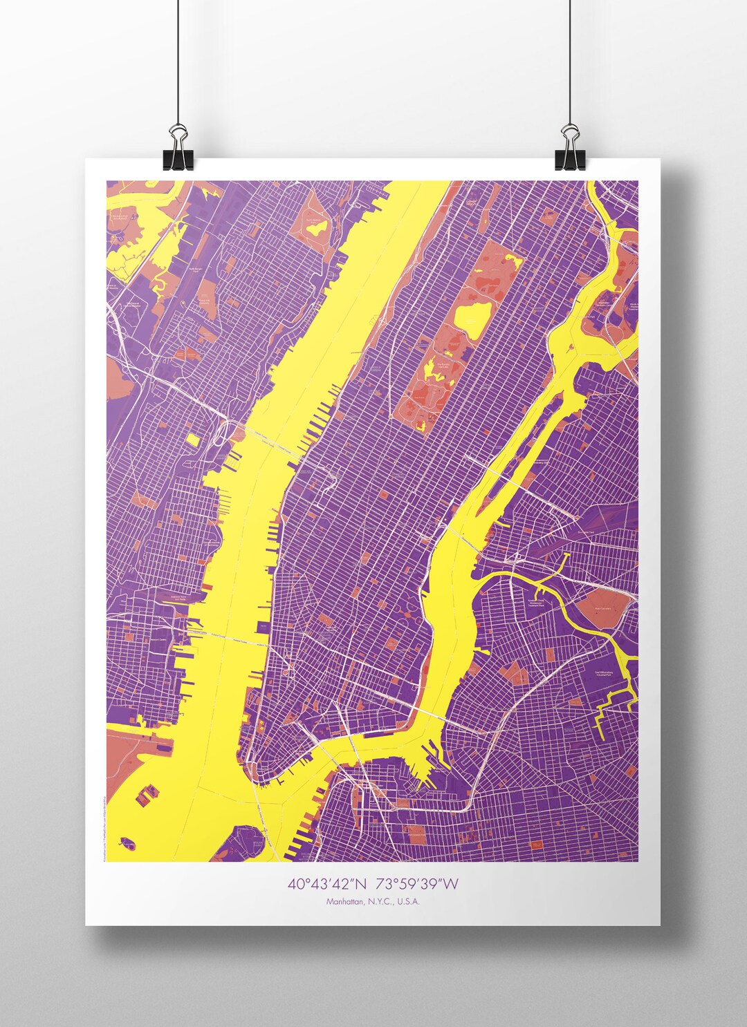 Manhattan Map Poster Purple + Yellow - Etsy