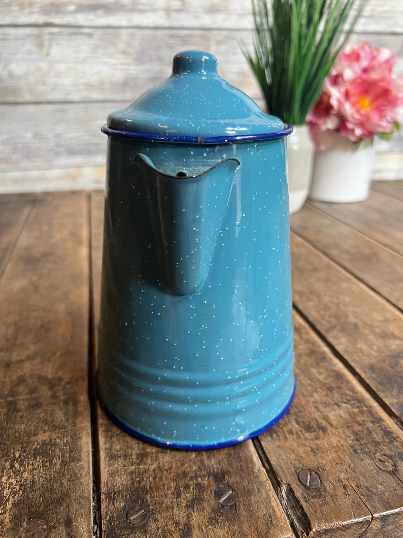 Vintage Enamelware Coffee Pot With Hinged Lid Blue Enamel Graniteware ...