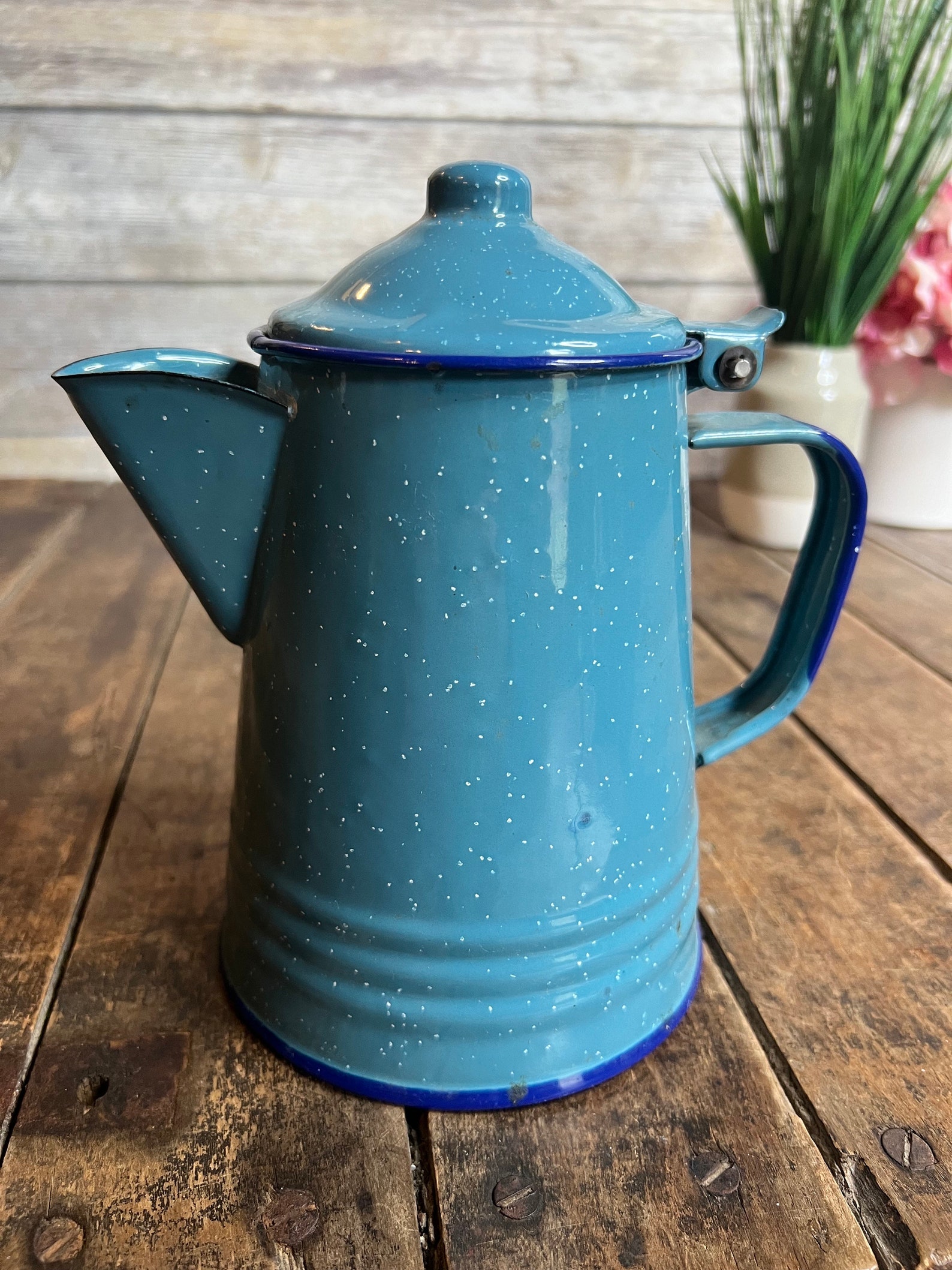 Vintage Enamelware Coffee Pot With Hinged Lid Blue Enamel Graniteware ...