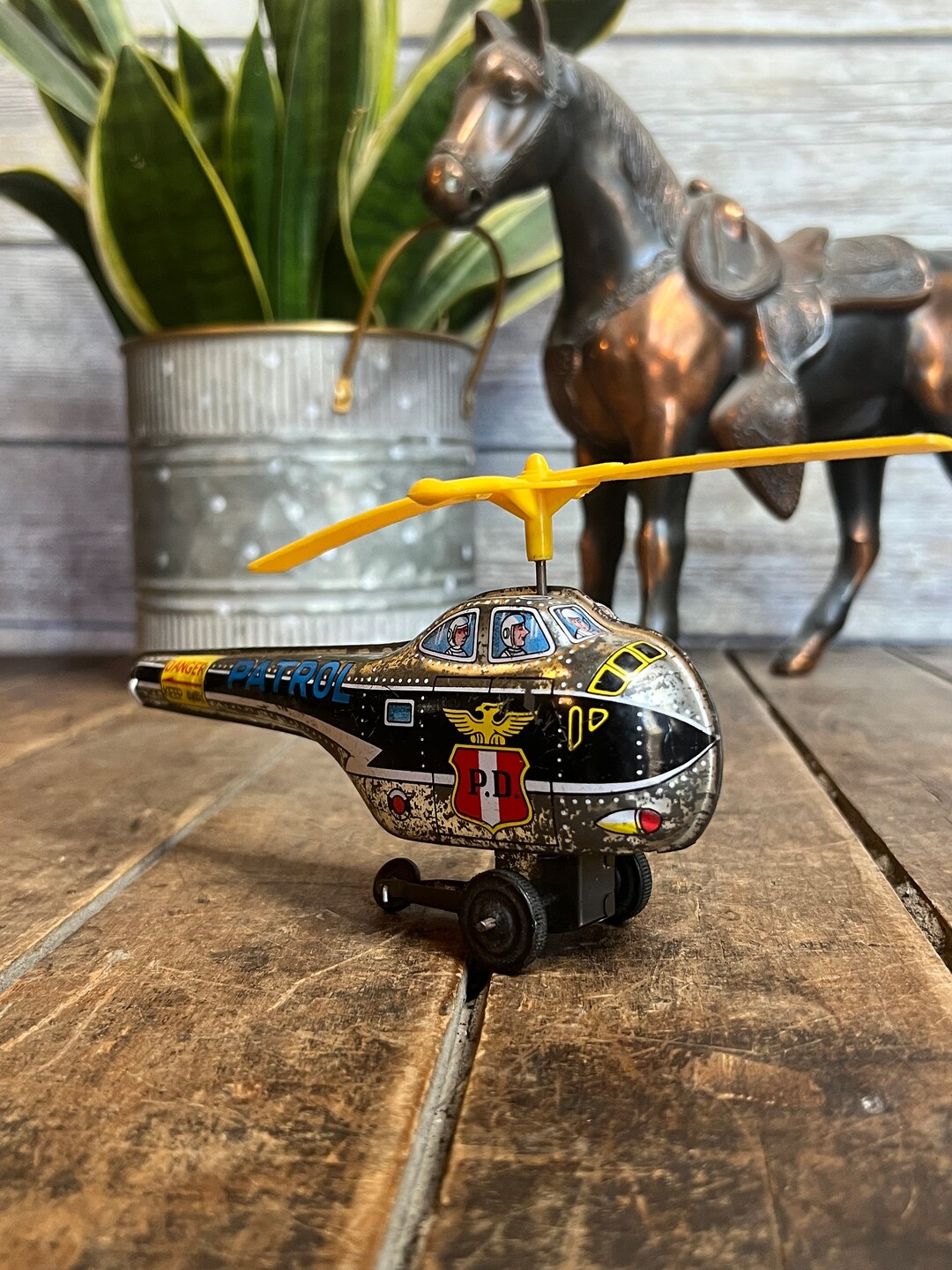 Vintage 1960s Police Helicopter Toy - Tin Litho Japan - Friction Toy ...