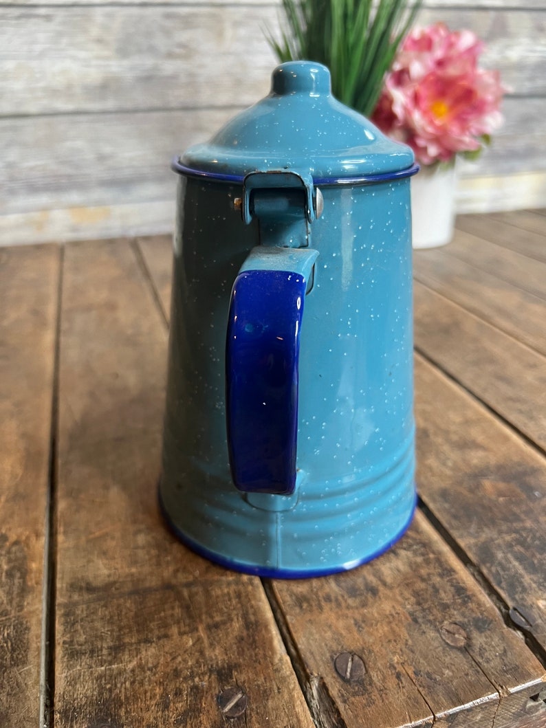 Vintage Enamelware Coffee Pot With Hinged Lid Blue Enamel Graniteware ...