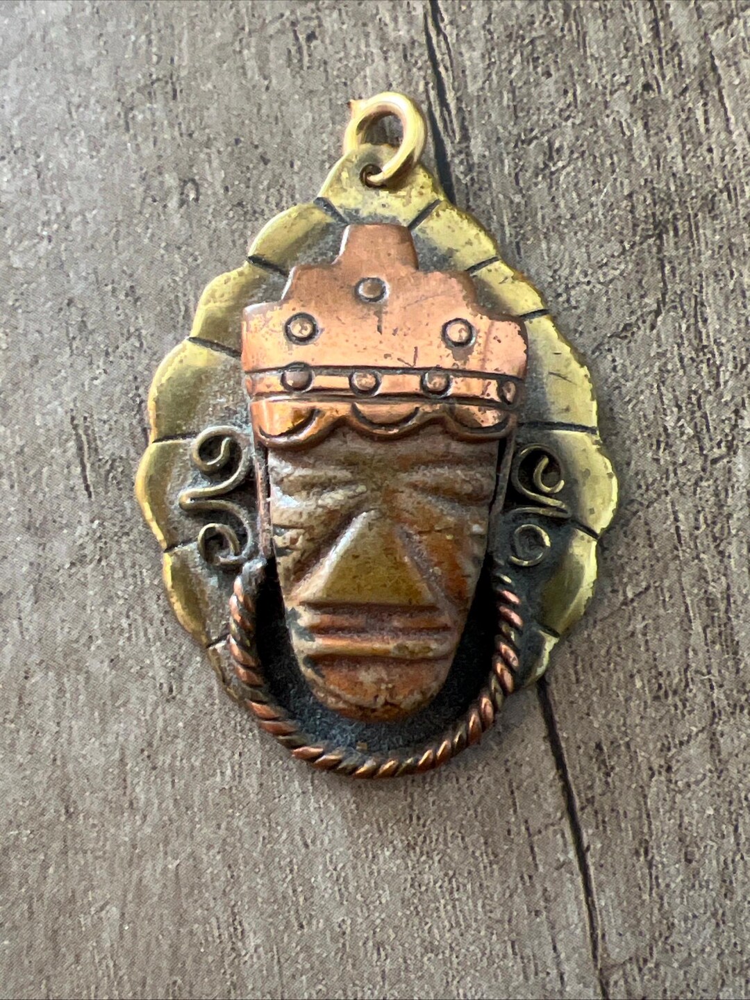 Vintage Mexican Copper / Brass Pendant Jasper Stone Face - Crown ...