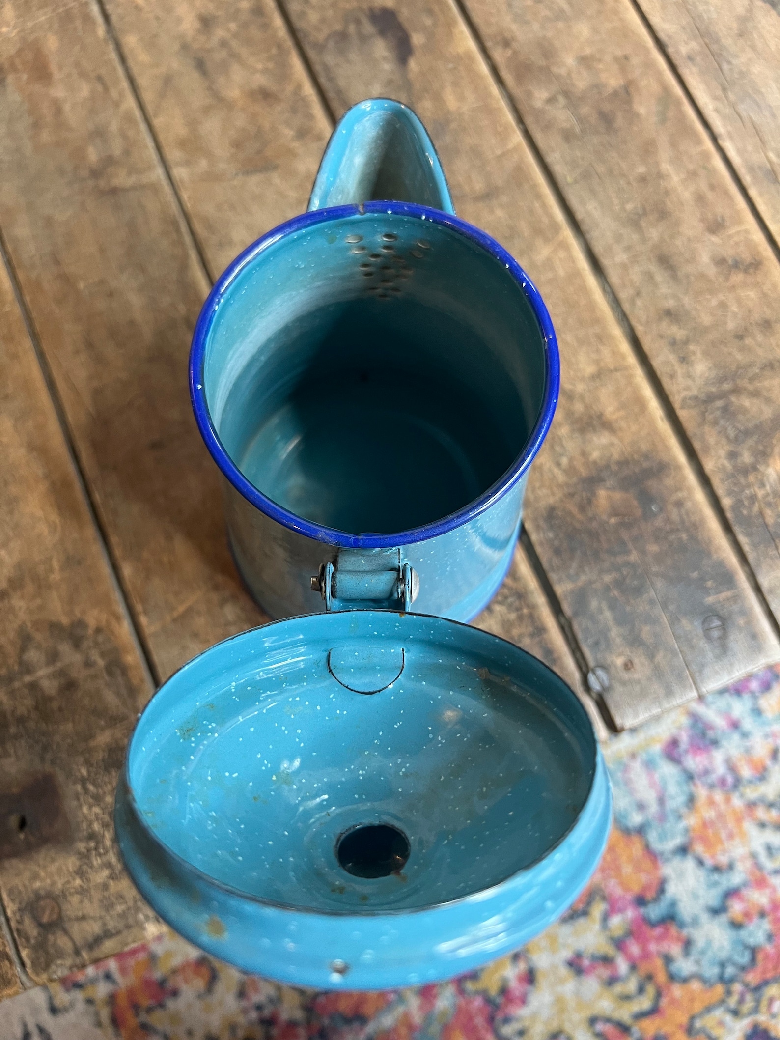 Vintage Enamelware Coffee Pot With Hinged Lid Blue Enamel Graniteware ...