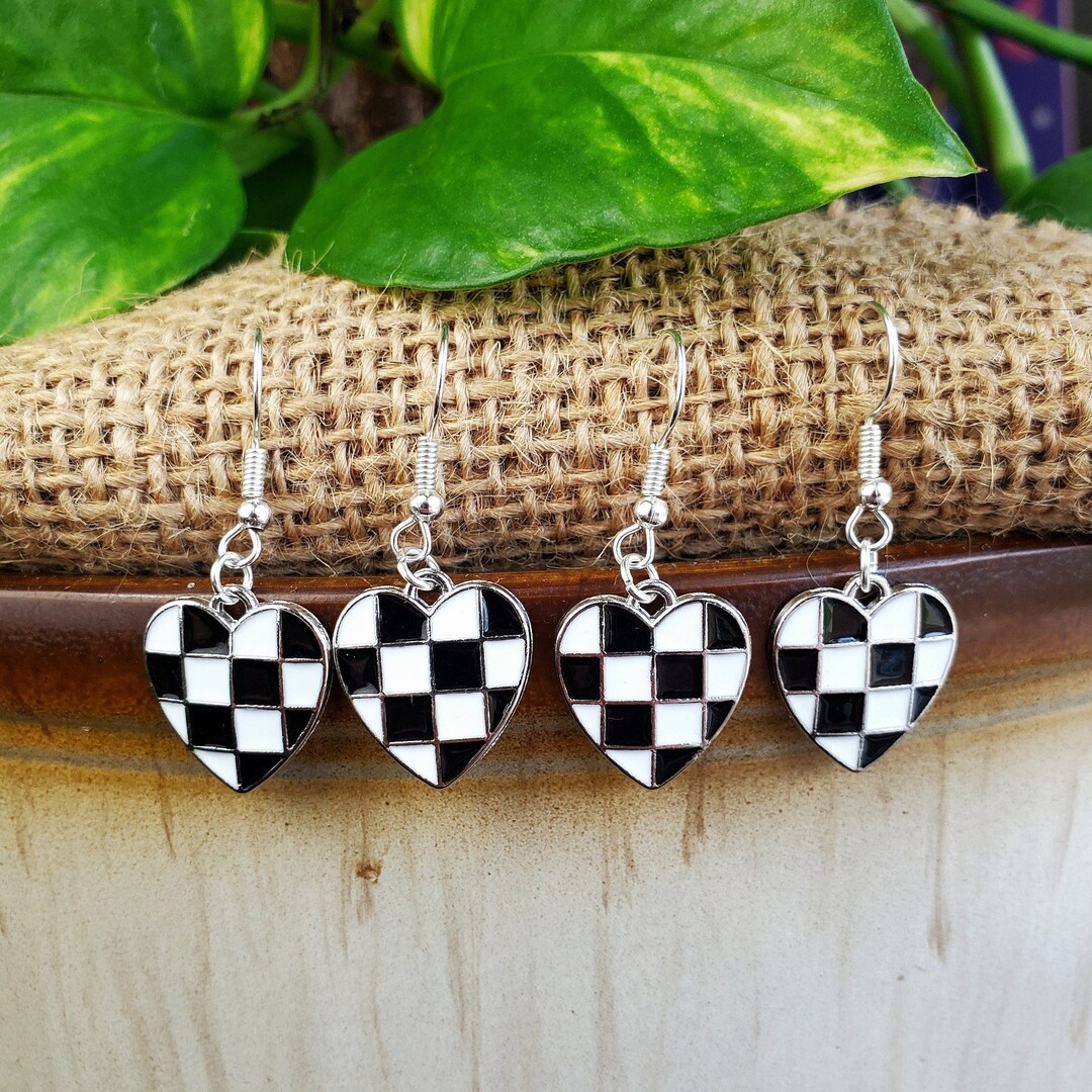 Black and White Checkered Heart Charm Earrings Light-weight - Etsy