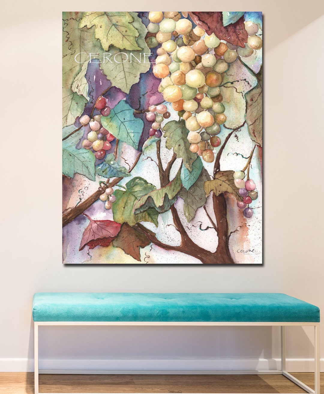 Grapes on Vine Canvas, Large Abstract Fruit Art Print, Modern Farmhouse ...