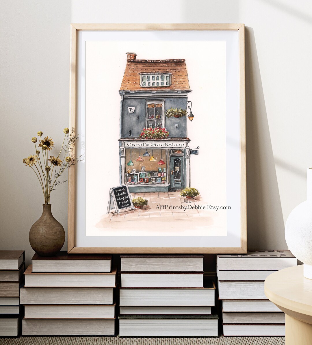 Bookshop Watercolor, Personalized Print, Gift for Book Lover, Reading ...