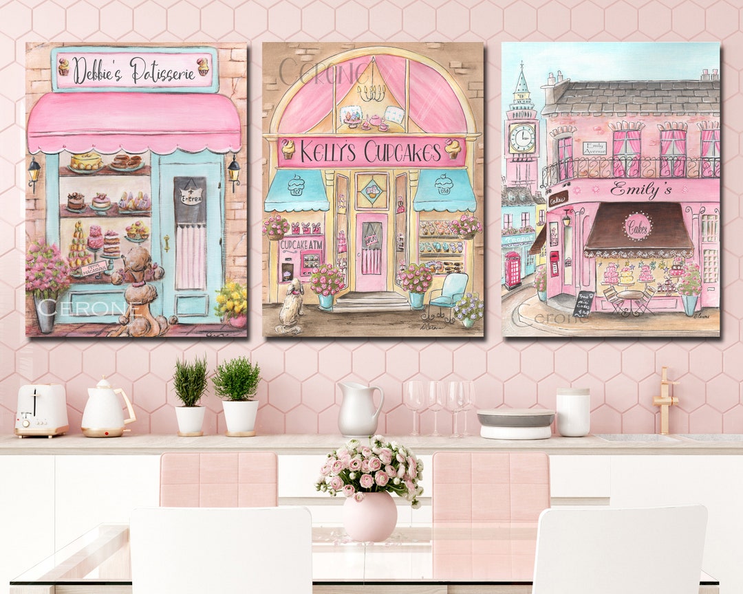Personalized Pink Kitchen Decor, Set of 3 Canvases, Gift for Baker ...
