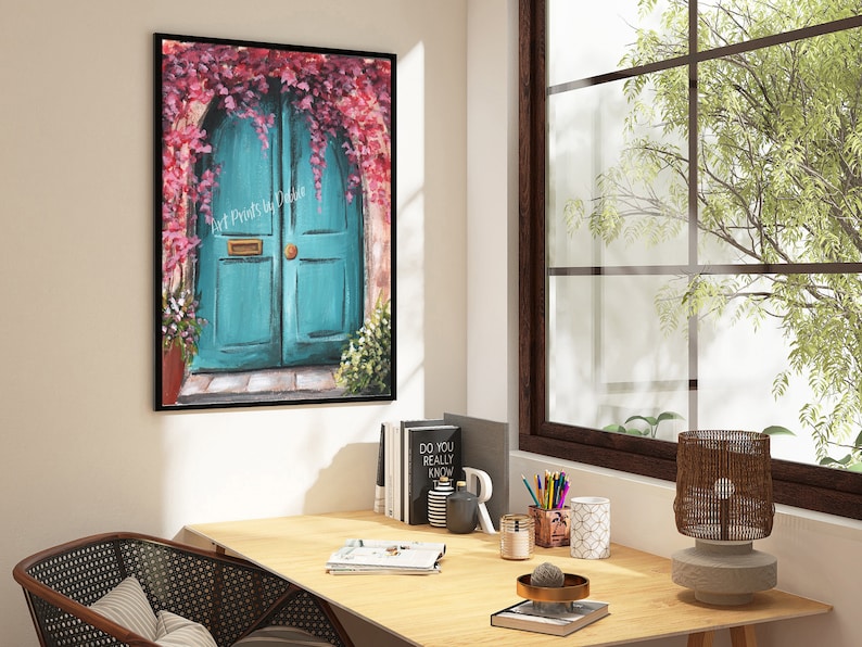 Teal Blue Door Wall Art, Colorful Bougainvillea Flower Print, Tuscan ...