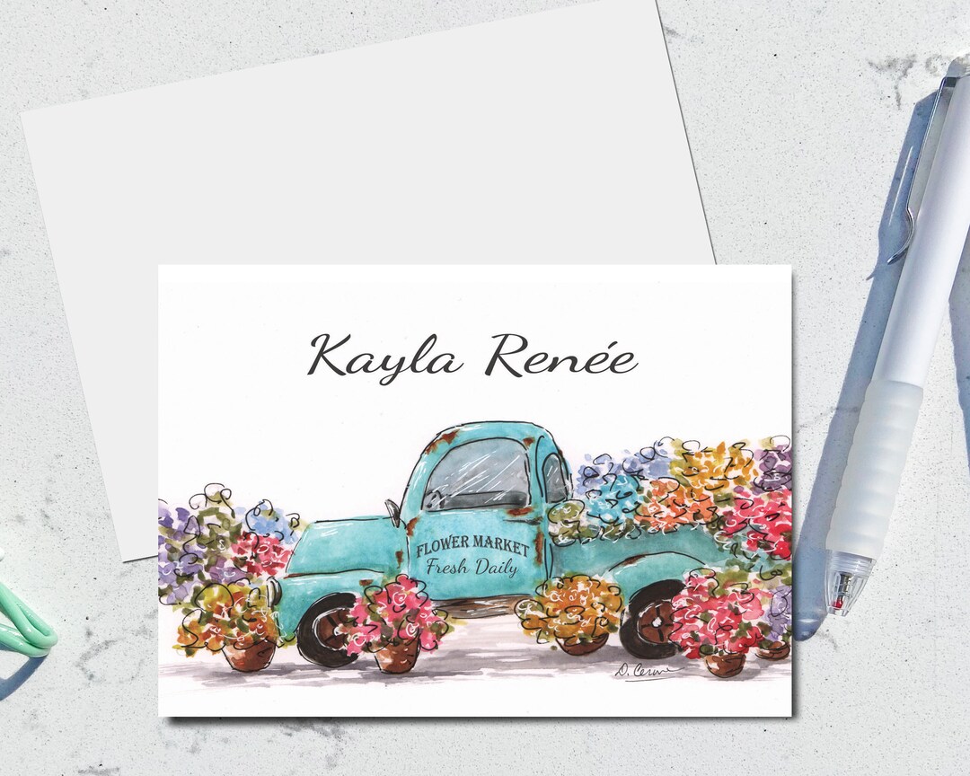 Personalized Notecards, Farmhouse Note Cards, Vintage Flower Truck ...