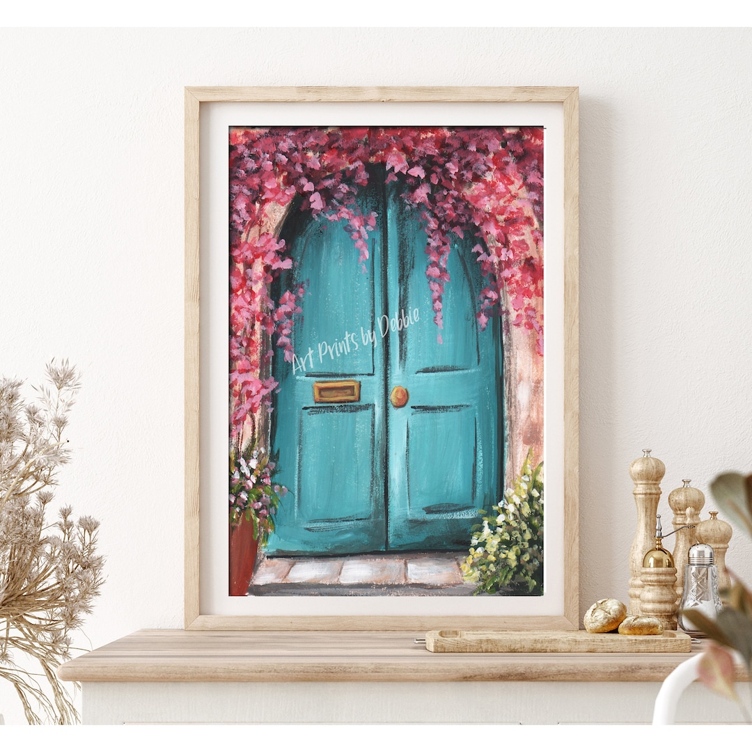 Teal Blue Door Wall Art, Colorful Bougainvillea Flower Print, Tuscan ...