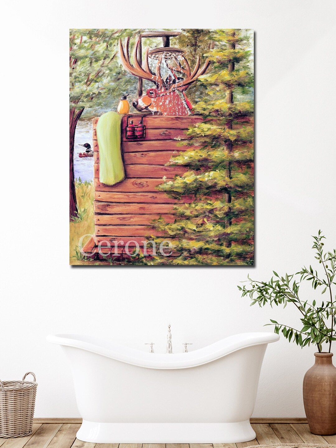Funny Bathroom Canvas, Deer in Forest, Rustic Cabin Decor, Lake House ...