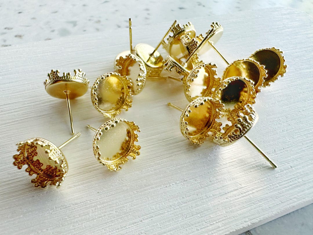 Gold Tone Crown Earring Setting: 10mm Cabochon Stud (10pcs) - Etsy