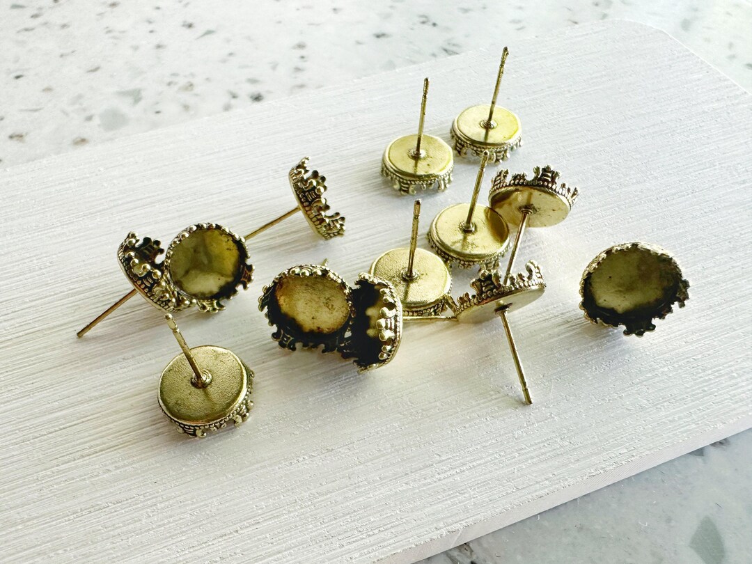 Antique Gold Crown Earring Setting: 10mm Cabochon Bezel, DIY Jewelry ...