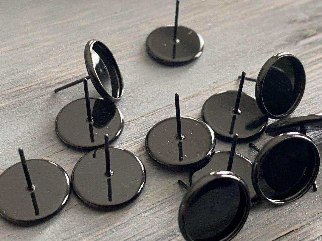 Black 12mm Cabochon Earring Settings: Brass Bezel Studs, DIY Jewelry ...