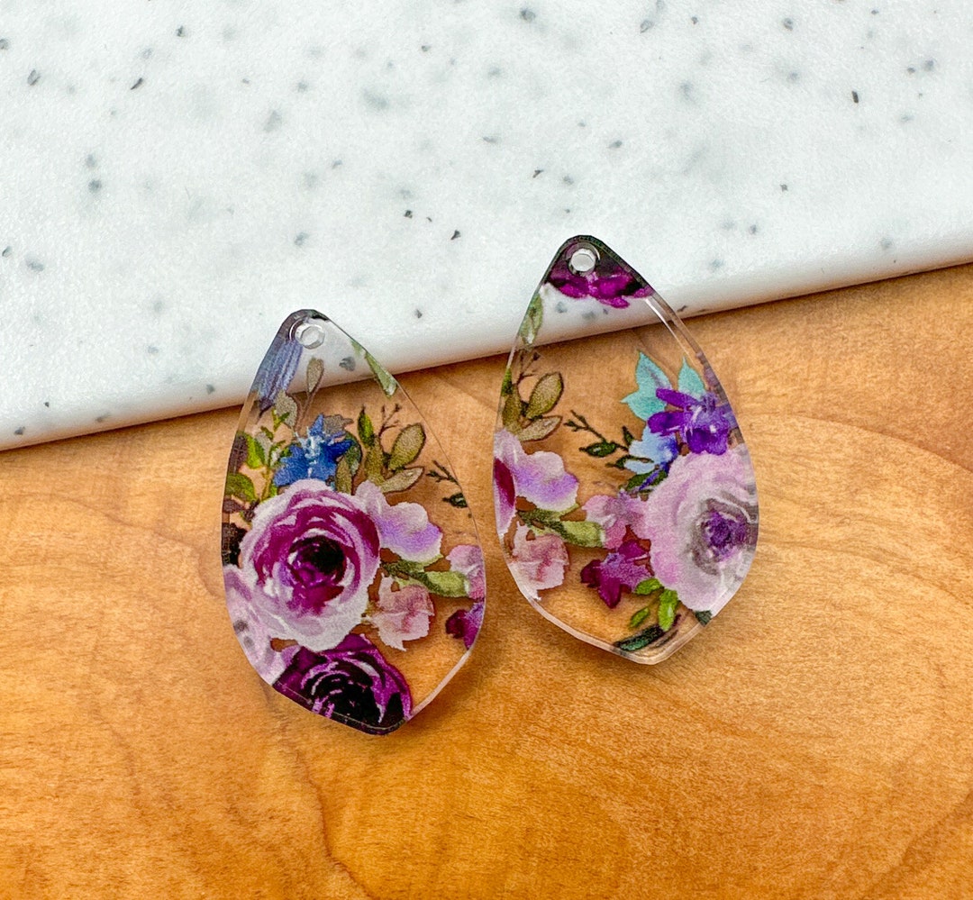 Purple and Lavender Floral Print Earring Blanks -4pcs L Earring ...