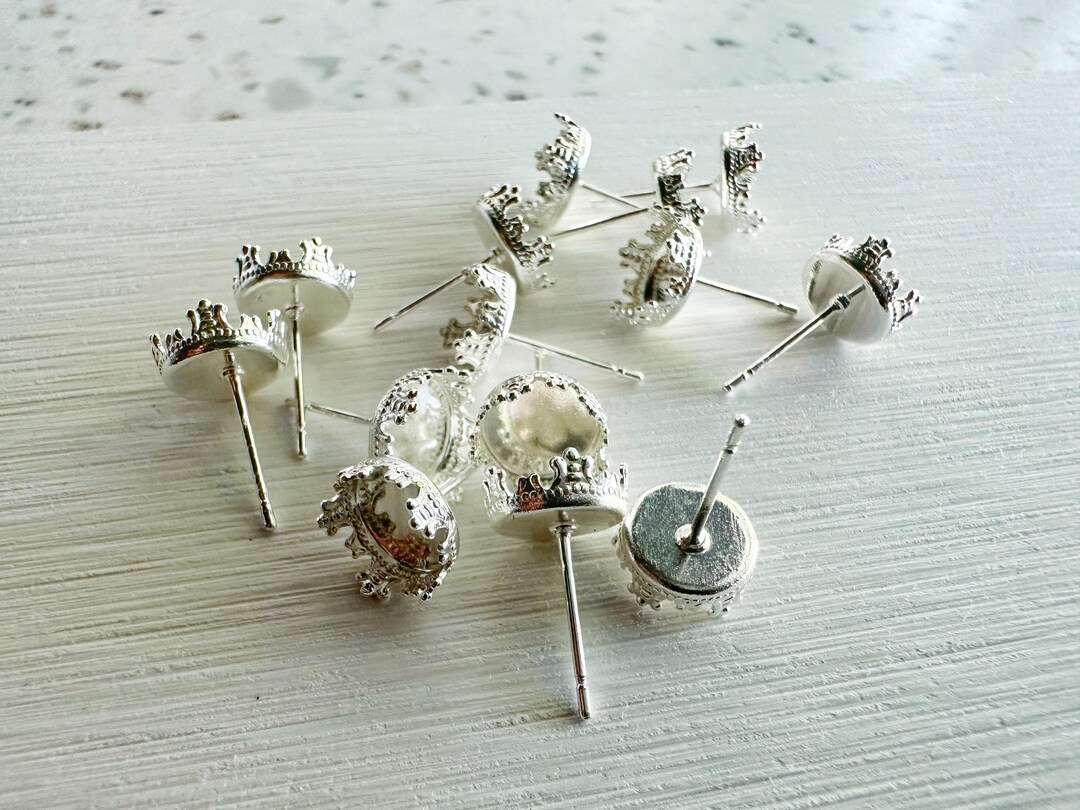 Silver Tone Crown Earring Setting: 8mm Cabochon Bezel, DIY Jewelry ...