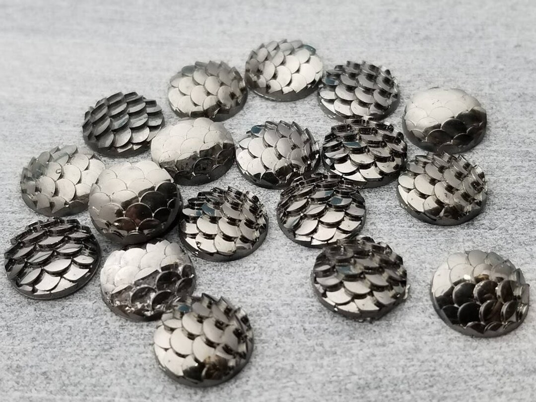 Metallic Gunmetal 10mm Mermaid Fish Scales 10pc Resin Cabochons L ...