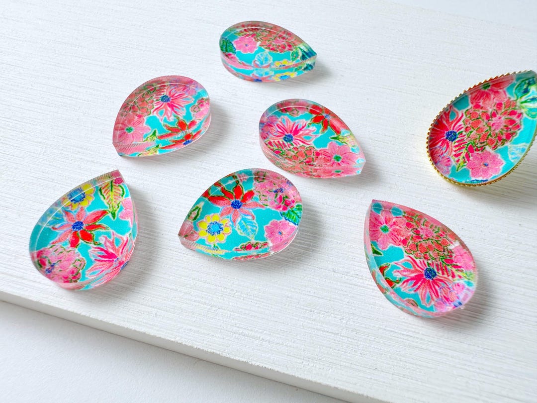 Aqua and Pink Floral Preppy Acrylic Earring Blanks: Teardrop Jewelry ...