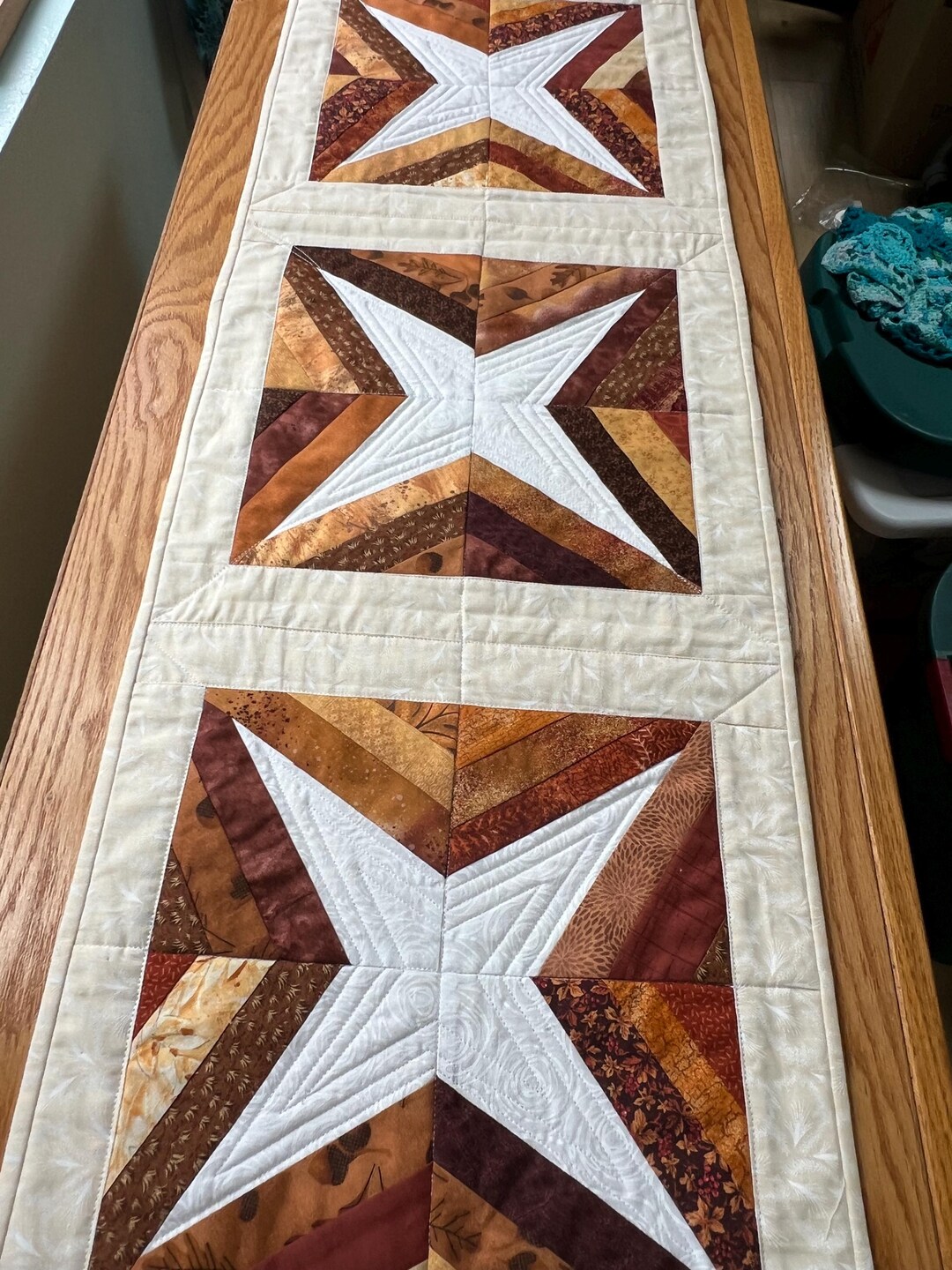 It's Autumn Table Topper, White Stars With Browns and Neutral Colors ...
