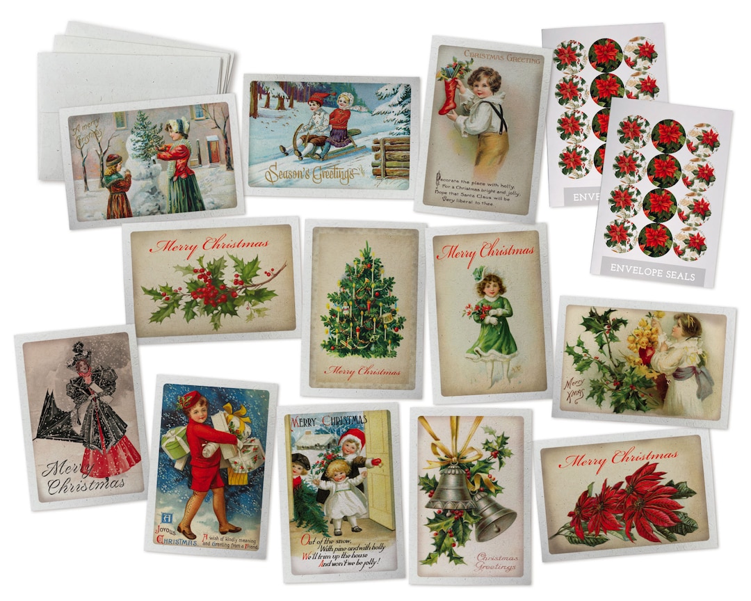 Retro Friends Vintage Christmas Cards Collection - 24 Holiday Note ...