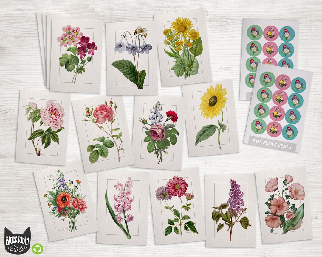Vintage Floral Greeting Cards Collection - 24 Flower Note Cards ...