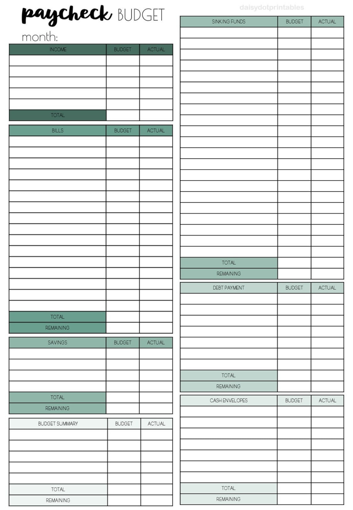 Green Paycheck Wage Budget Planner | Printable Weekly/monthly Zero ...
