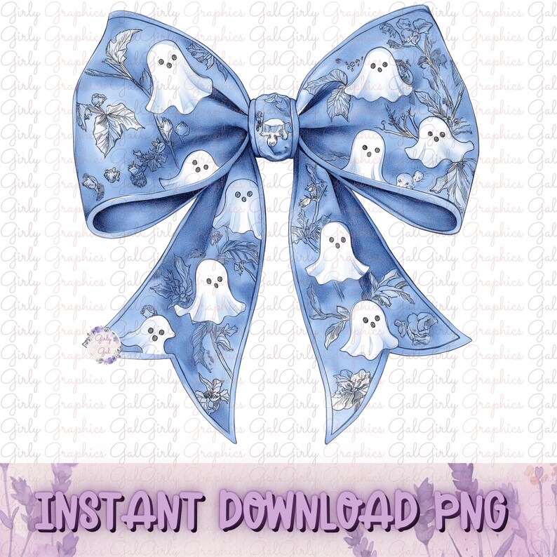 Baby Blue Chinoiserie Bow With White Ghosts PNG | Watercolor Halloween ...