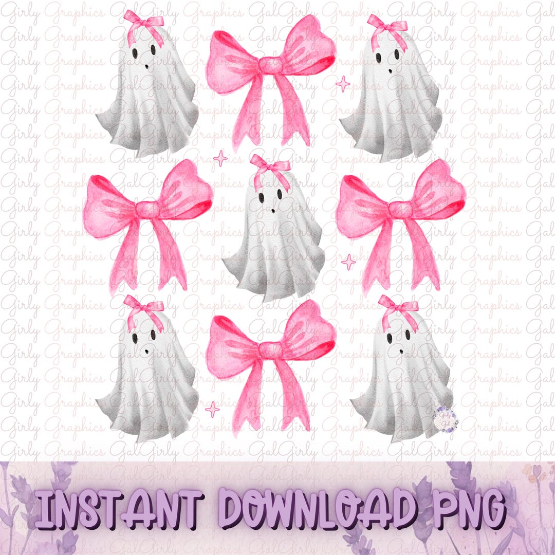 Trendy Preppy Pink Bow Ghost Cute Watercolor Halloween Design - Instant ...