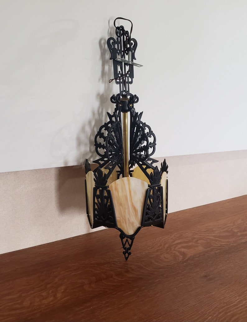 Vintage 1930's Art Deco Wrought Iron Hanging Light Slag - Etsy