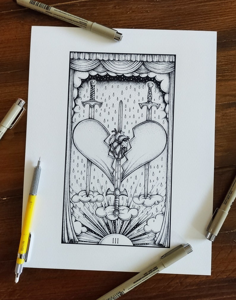 Three of Swords Tarot Card Print, Tarot Art, Tarot Art Print, Ink ...