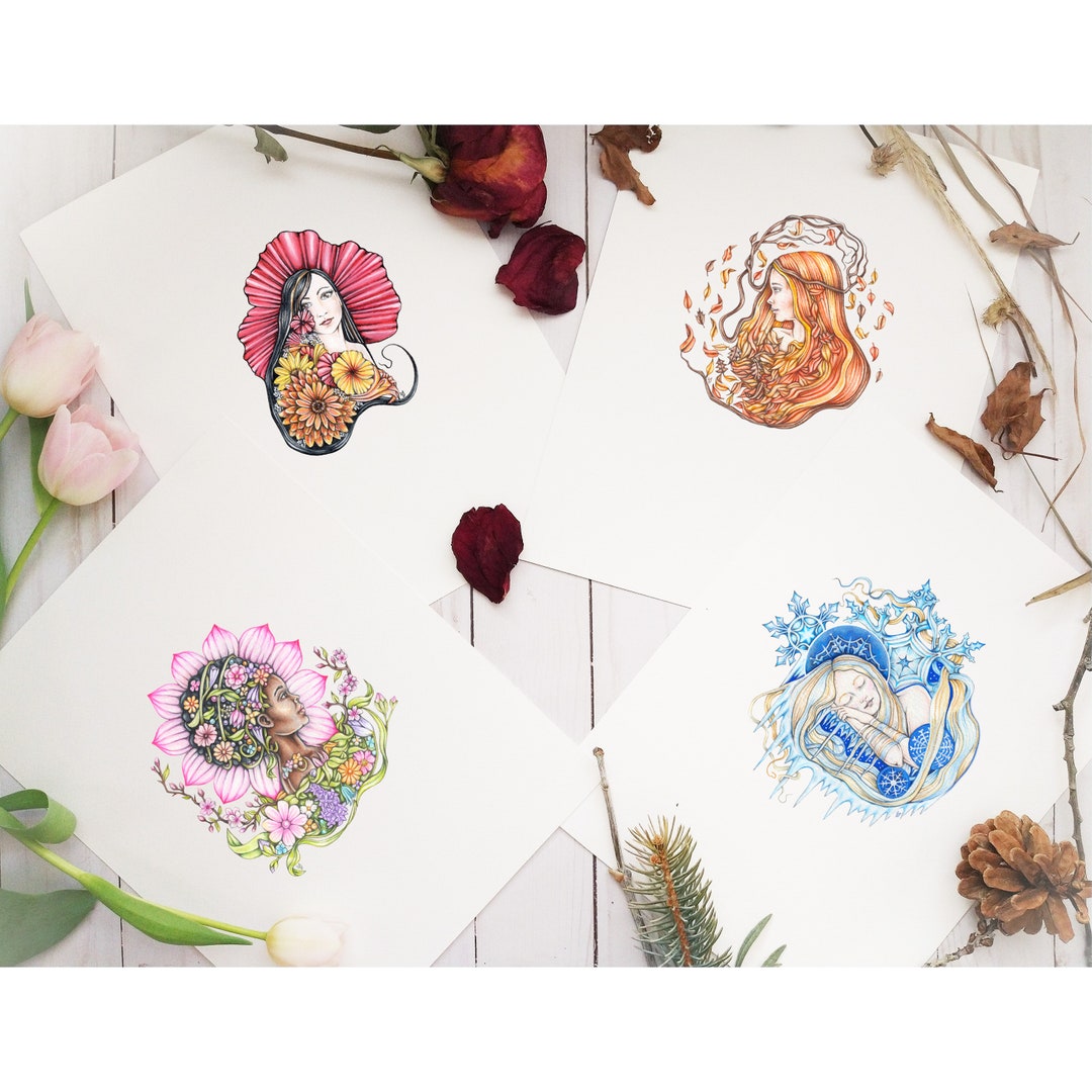 Set of 4 Season Personification Art Prints, Set of 4 Prints, Spring ...