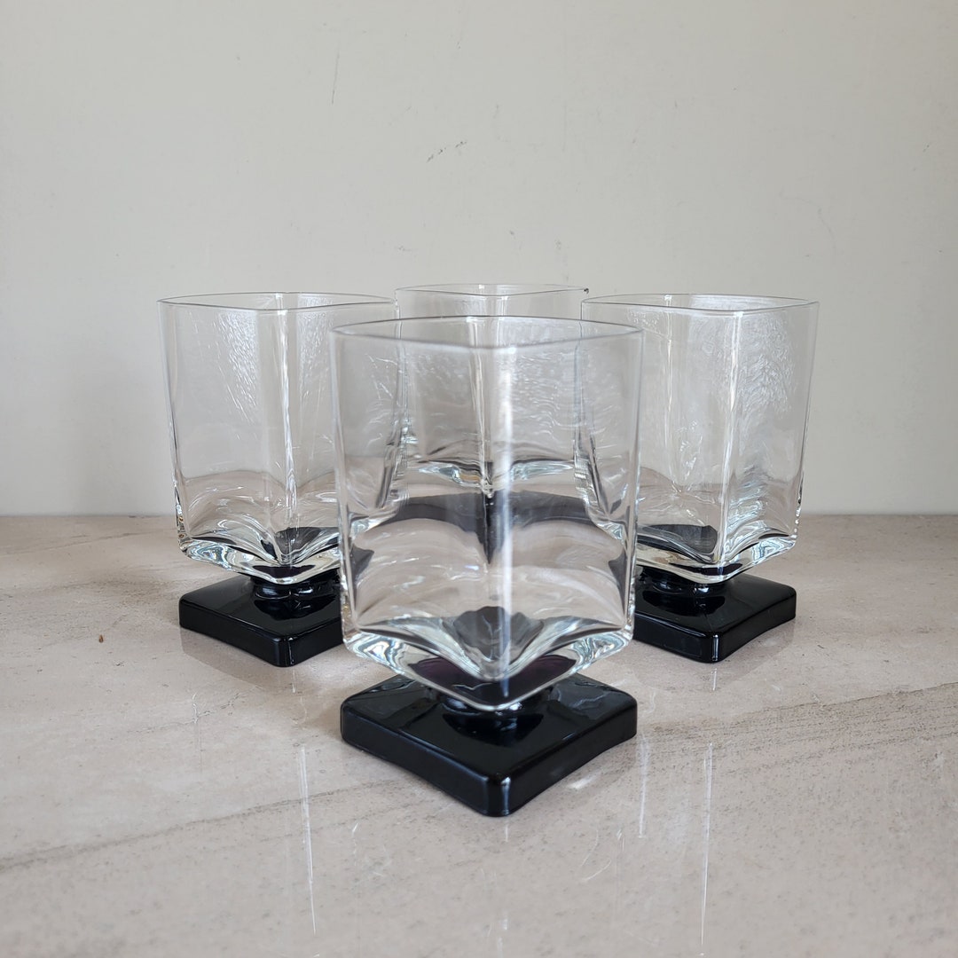 Black Pedestal Square Drinking Glasses // Vintage Barware Set of 4 - Etsy