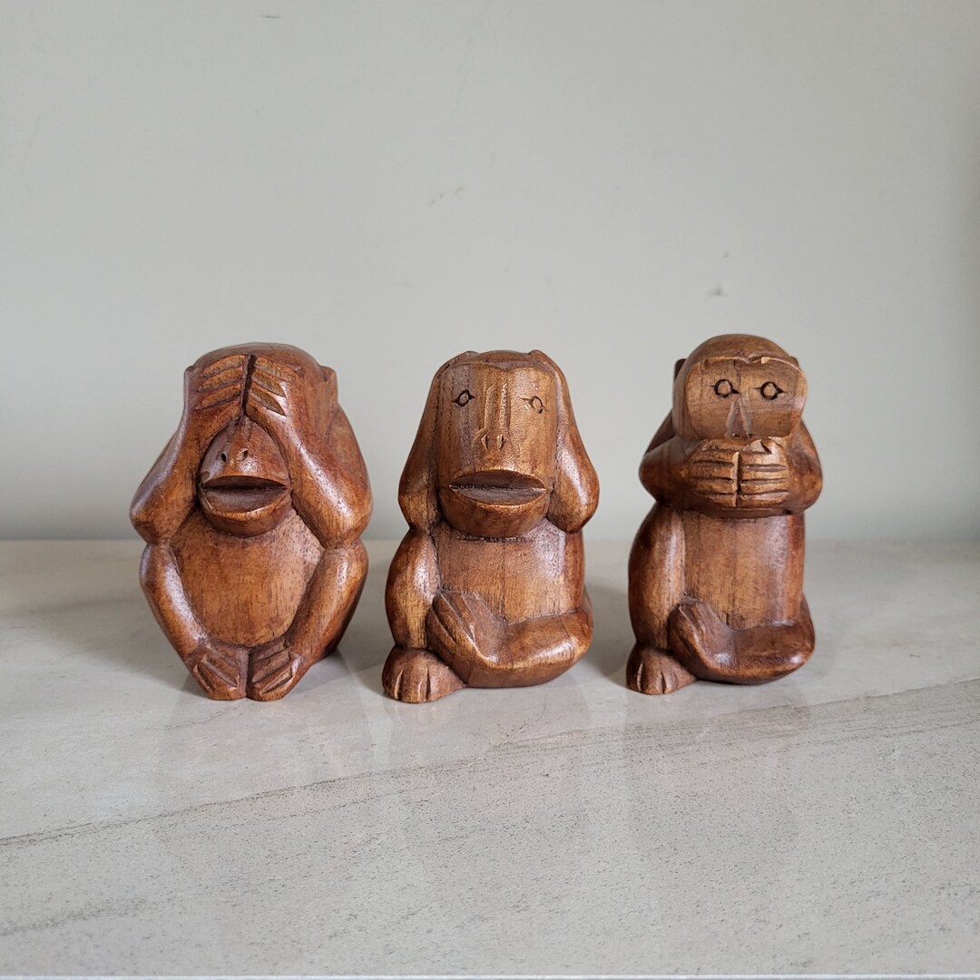 Three Wise Monkeys Carved Wood Figurines // Collectible Statue Bohemian ...
