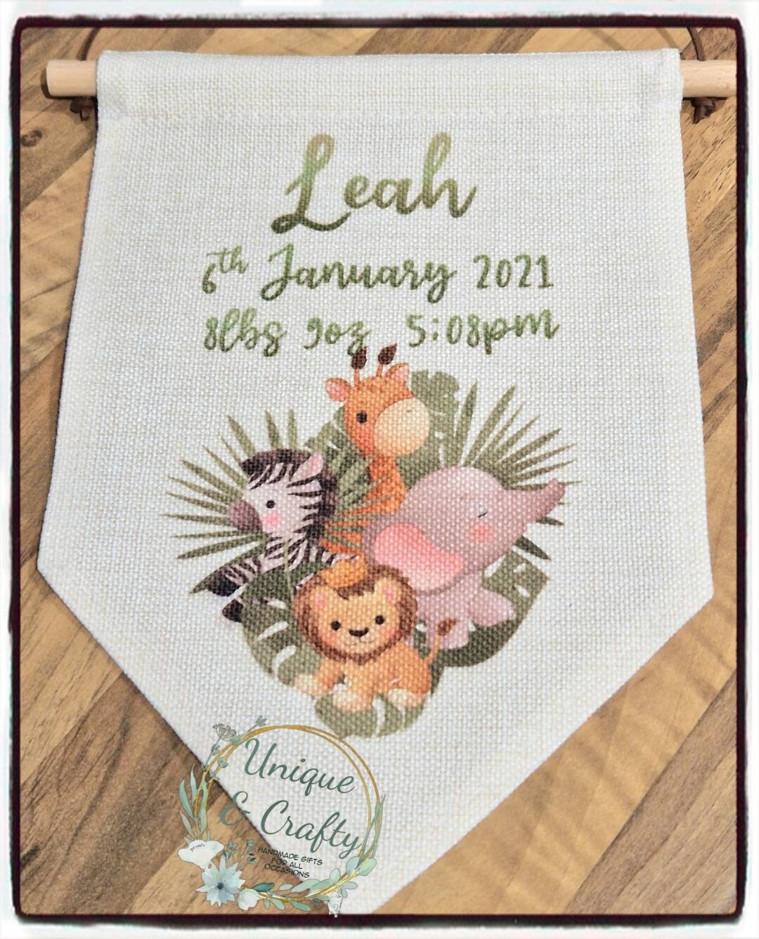 Linen Pennant Flag.. Jungle Theme Birth Announcement.. Name Plaque ...