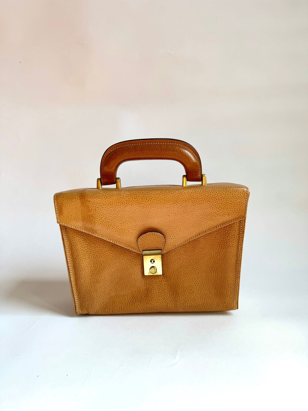 Vintage Brown Leather Top Handle Box Bag With Gold Toned Clasp - Etsy