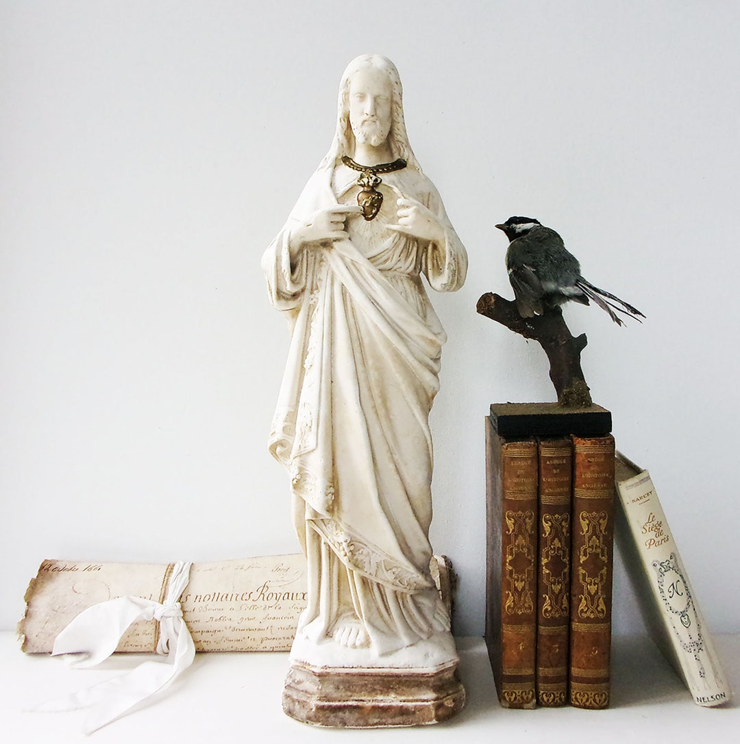 Large 1800s Antique French Jesus Christ Statue Chalkware Sacred Heart ...