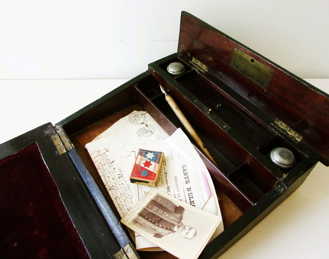 Antique Wooden Writing Box French Fold Out Lidded Compartment - Etsy