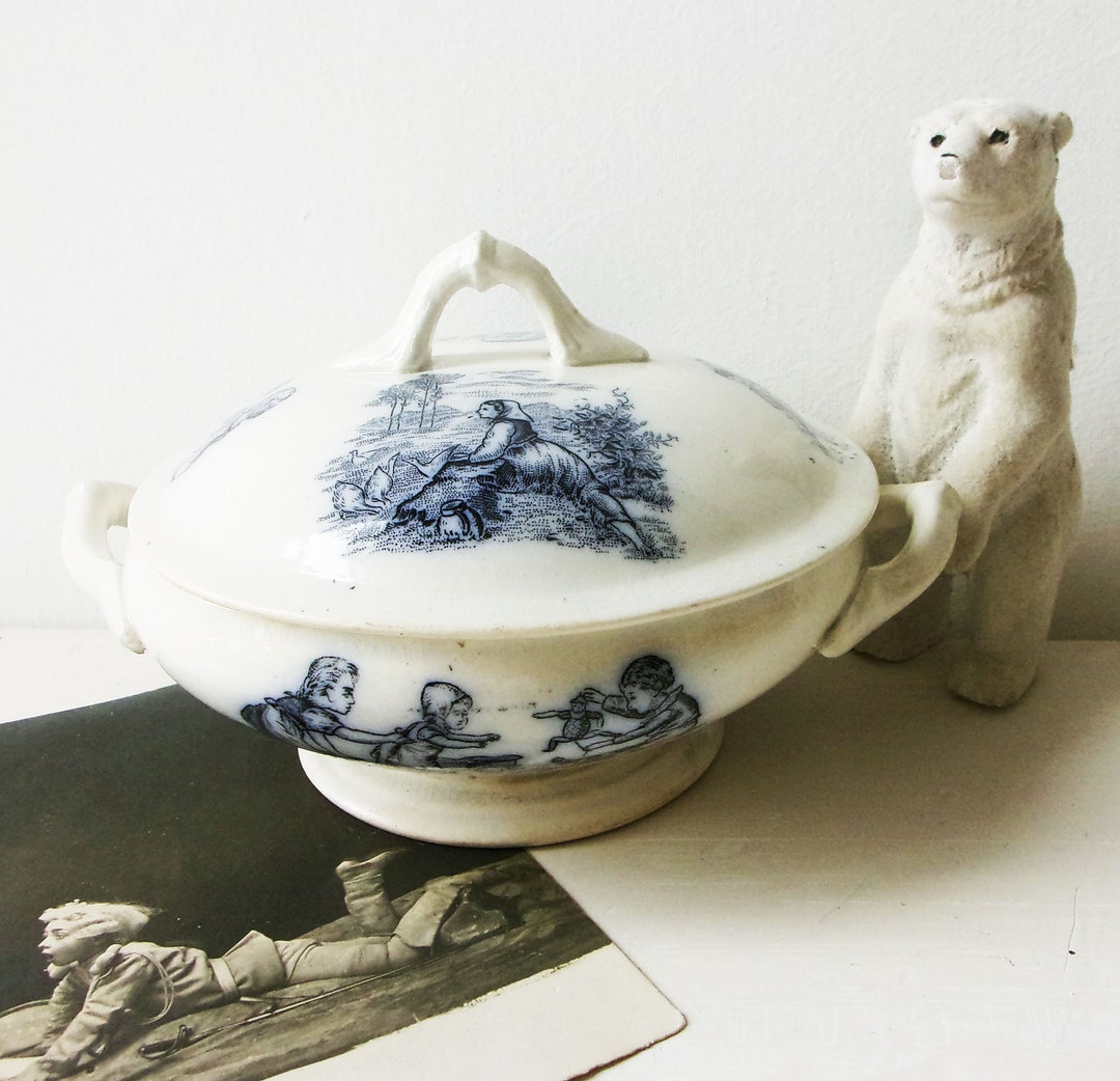 Antique Doll Tureen French Mini Soup Tureen White and Blue Ironstone ...