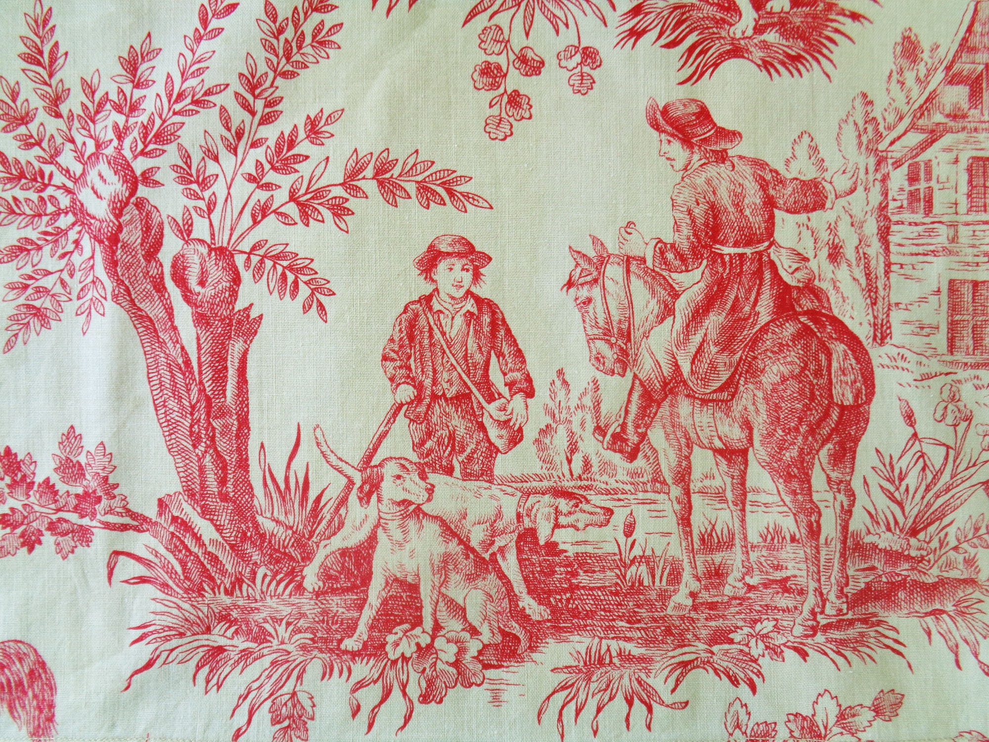 Antique French Toile De Jouy Fabric Red on Ecru Hunting Scenes - Etsy