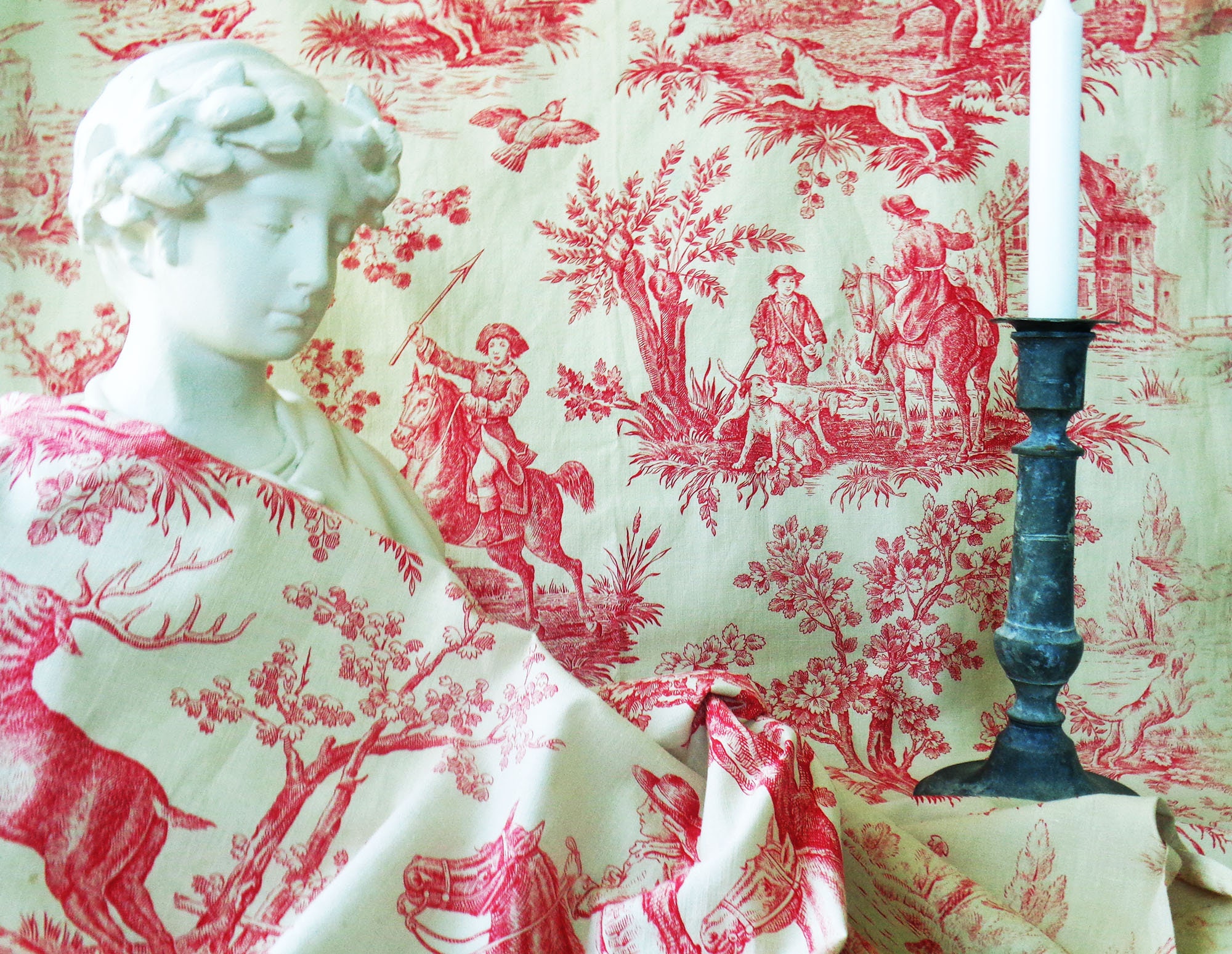Antique French Toile De Jouy Fabric Red on Ecru Hunting Scenes - Etsy
