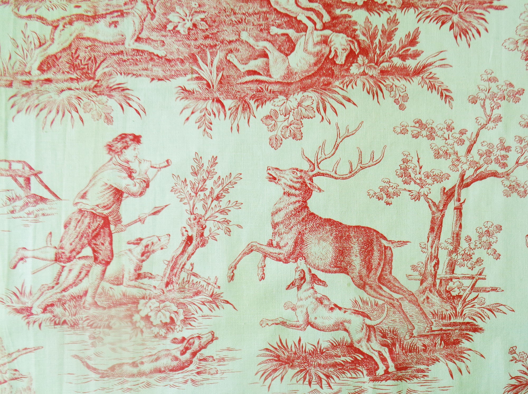 Antique French Toile De Jouy Fabric Red on Ecru Hunting Scenes - Etsy