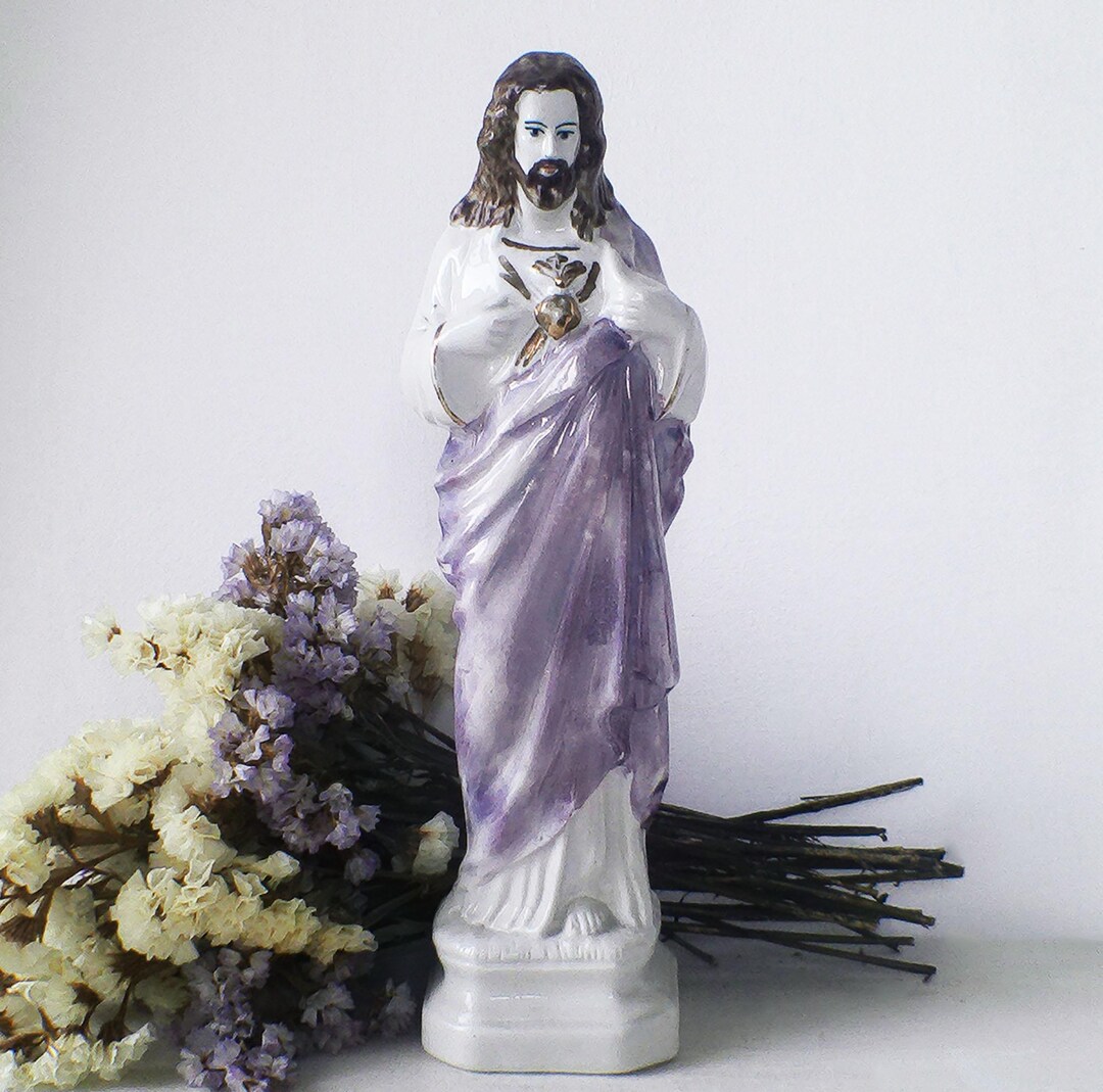 Rare Antique Purple Sacred Heart Jesus Christ Statue French Polychrome ...