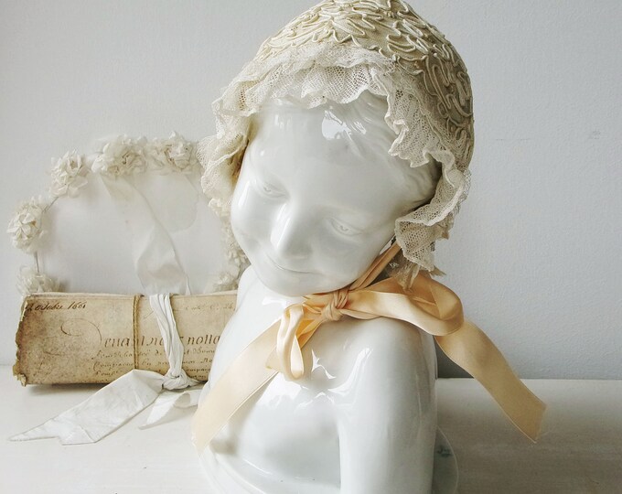 1800s Antique Baby Bonnet Tulle Lace and Pink Silk Christening French ...