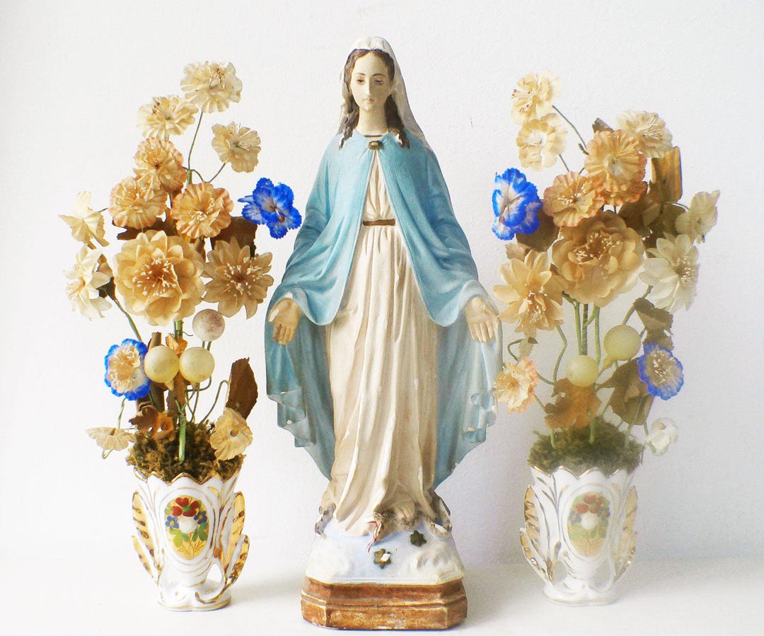 Antique French Virgin Mary Statue Extended Arms Polychrome Chalk Ware ...