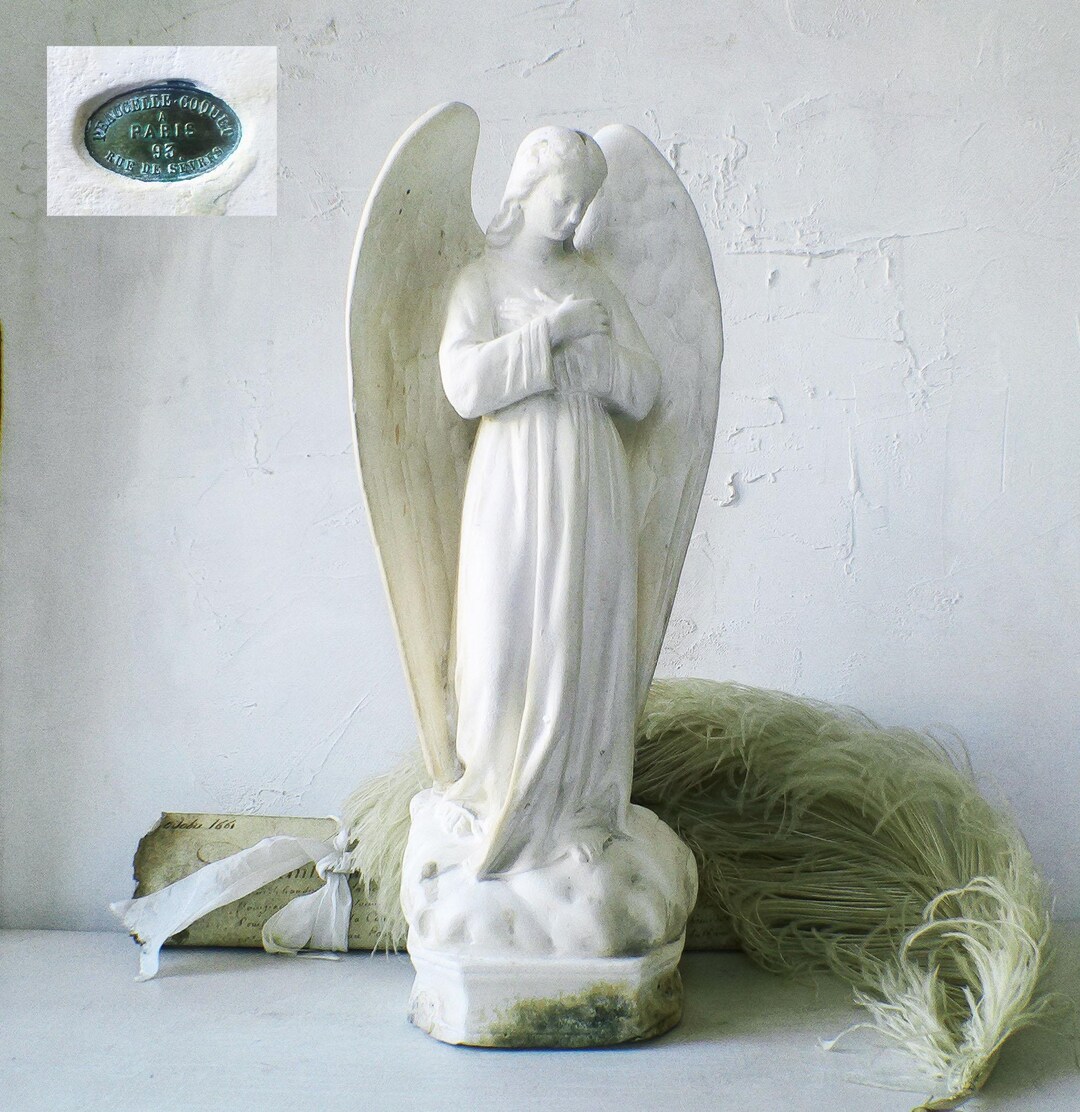 Antique French Angel Statue Guardian Angel Chalkware Signed Peaucelle ...
