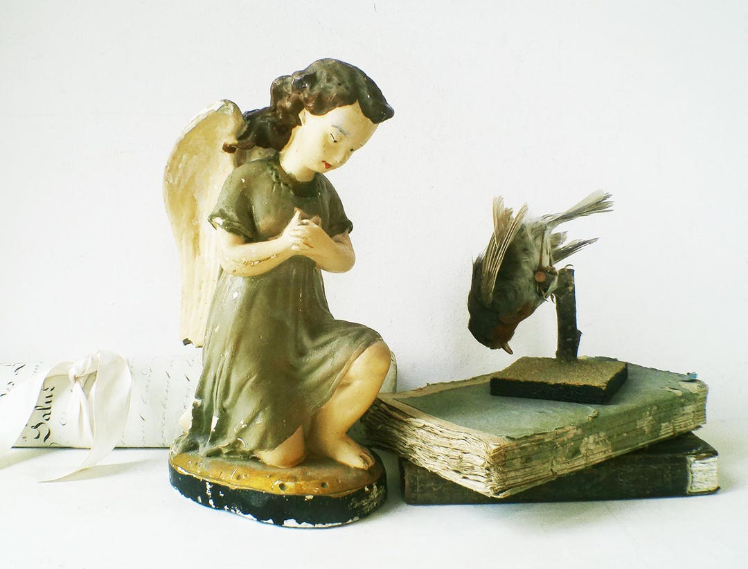 Antique French Angel Statue Plaster Figure Hand Painted Kneeling Angel ...