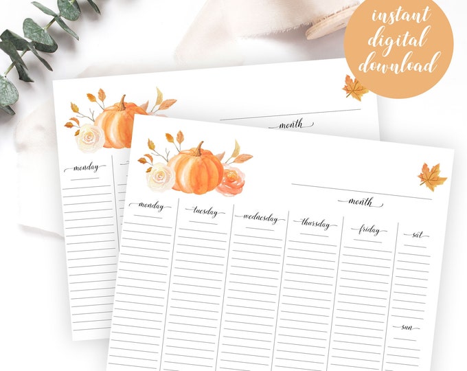 Printable Weekly Calendar or Organizer Pretty Fall Pumpkin - Etsy