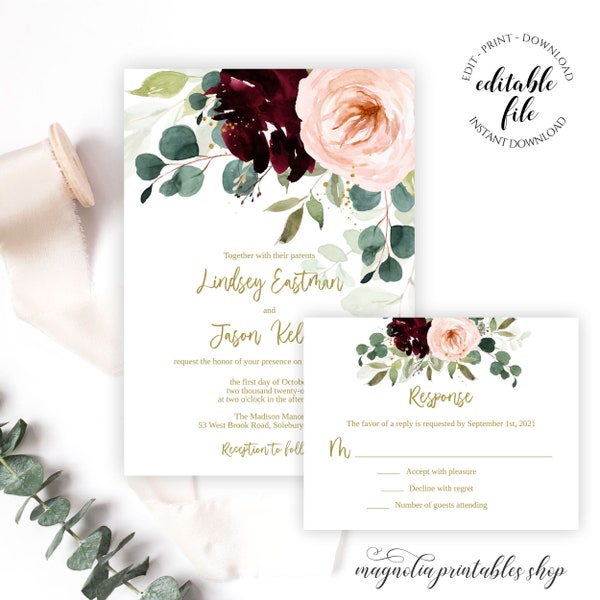 Burgundy Digital Wedding Invitation - Etsy